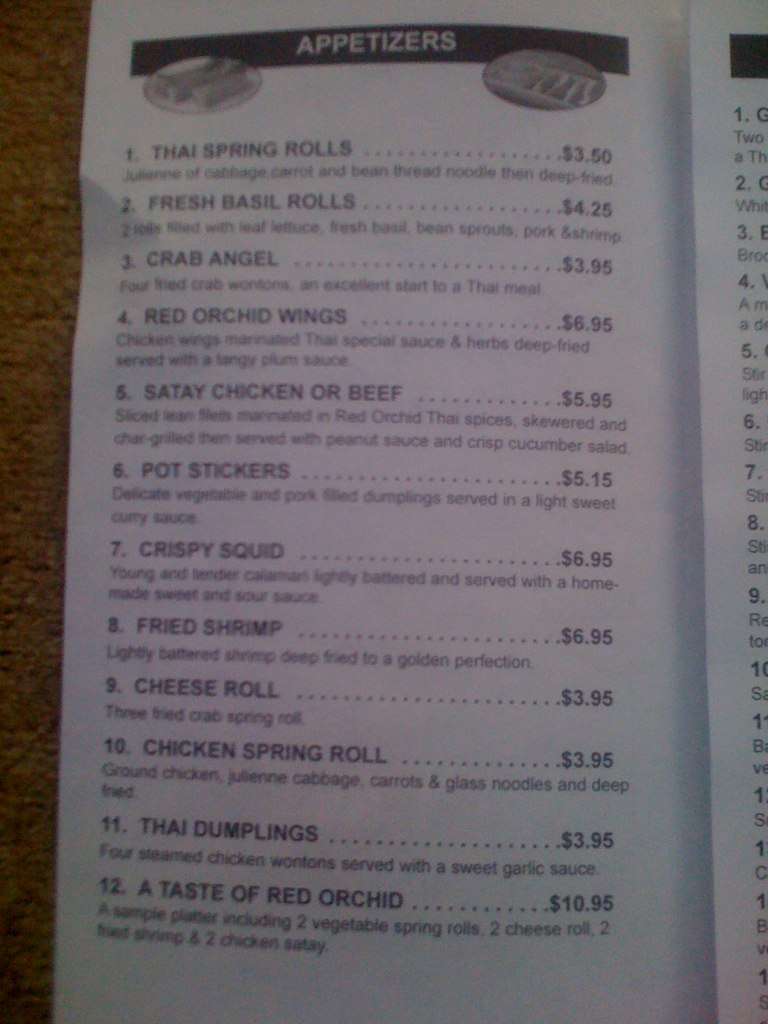 Menu at Red orchid thai restaurant, McDonough