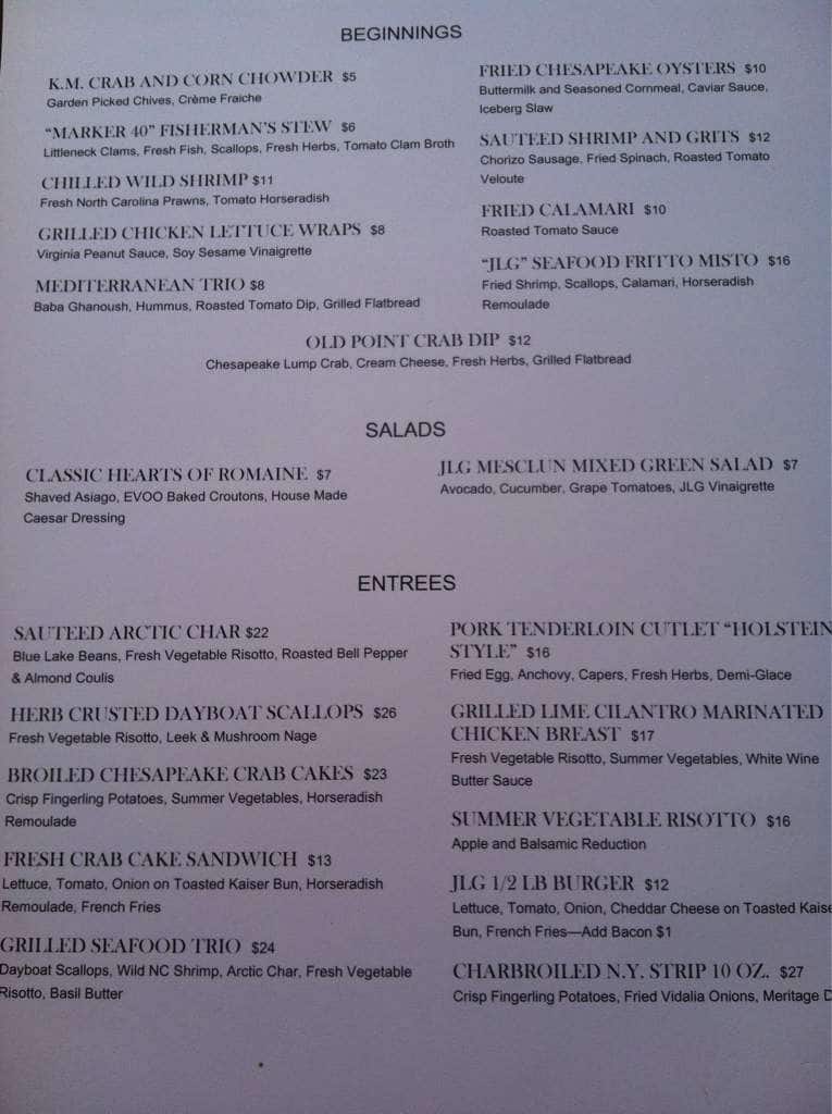 Menu at James Landing Grille restaurant, Williamsburg