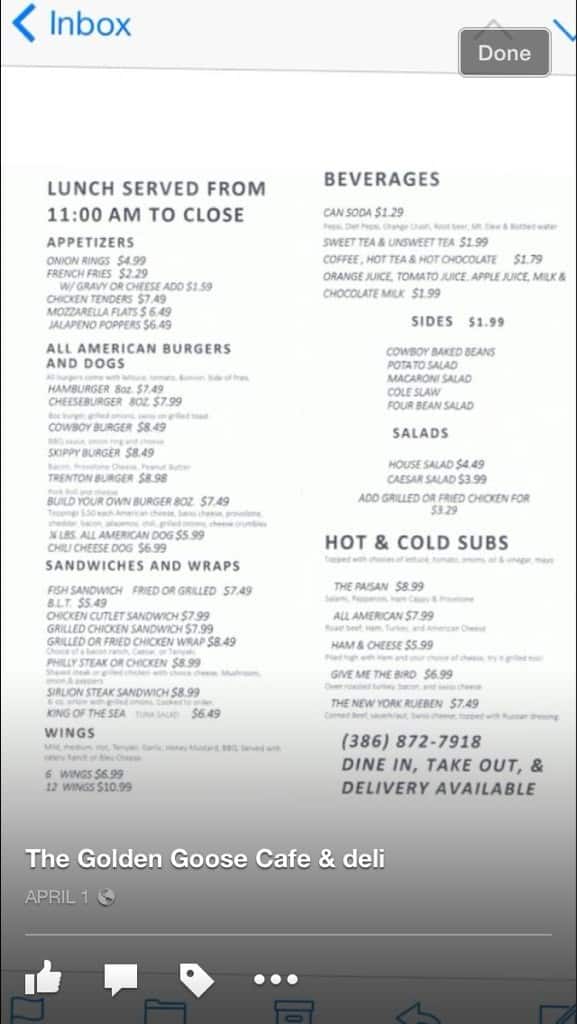 Carta de The Golden Goose Cafe & Deli, Ormond Beach