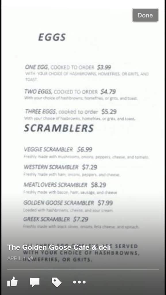 Carta de The Golden Goose Cafe & Deli, Ormond Beach