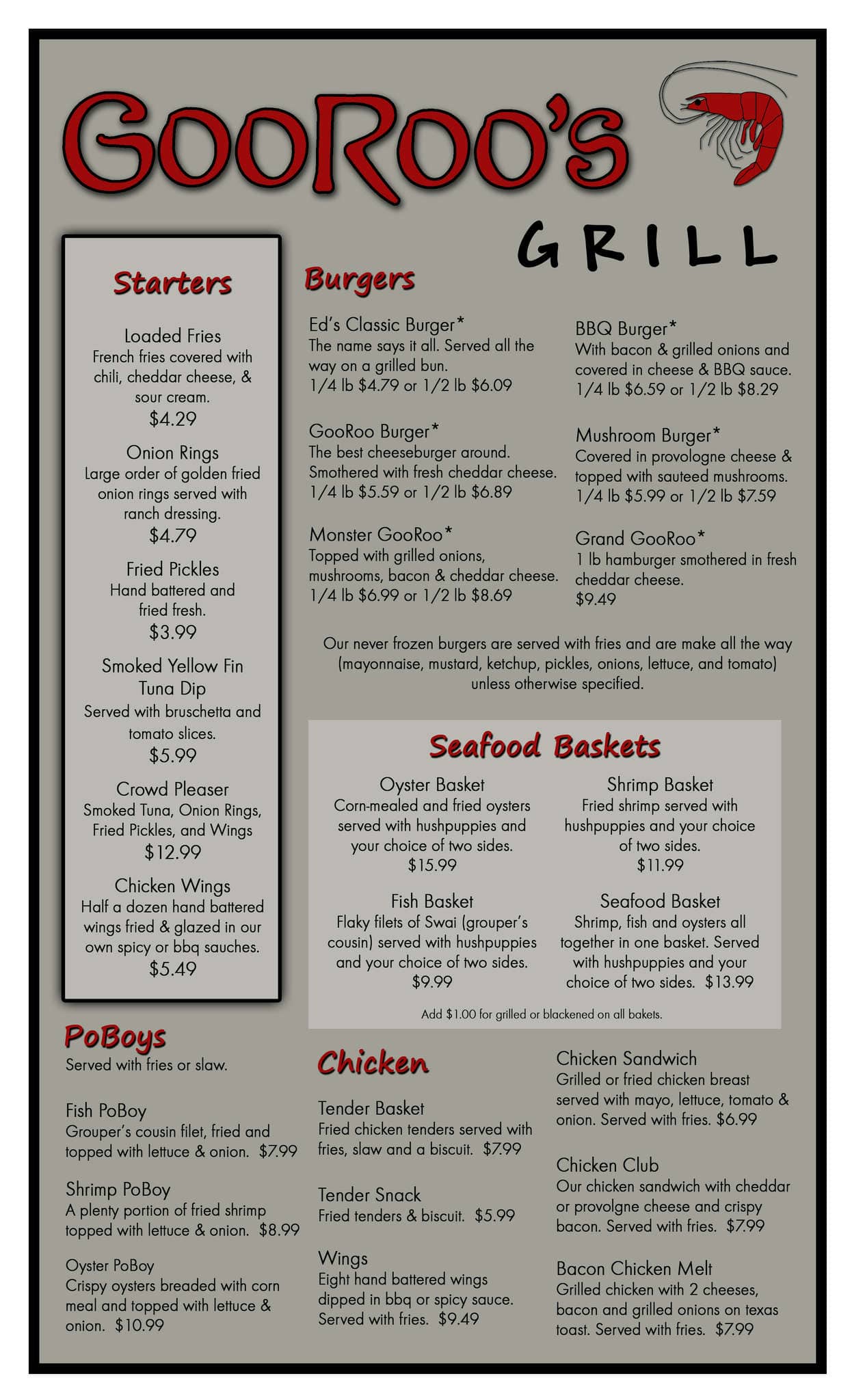 Menu at GooRoo's restaurant, Robertsdale