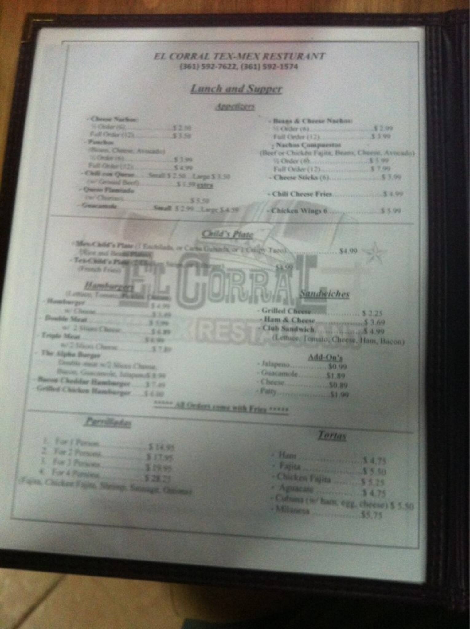 Menu at El Corral Tex-Mex Restaurant, Kingsville