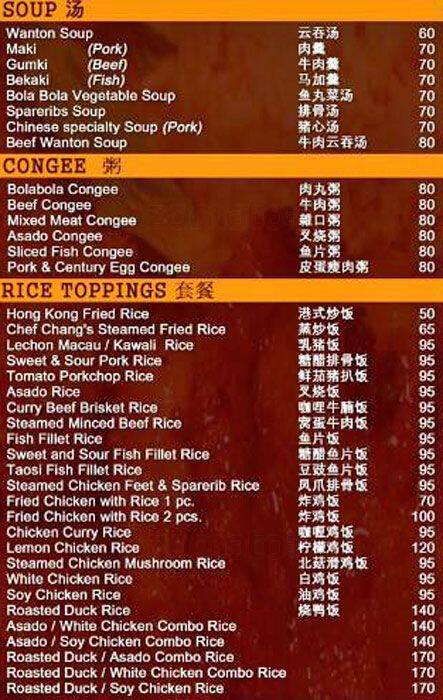 Menu at Chef Chang's Dimsum House restaurant, Cebu City