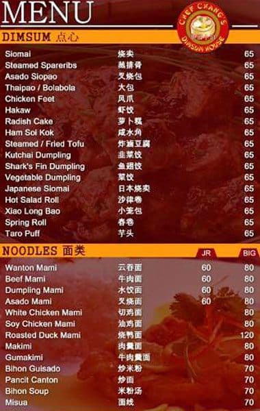 Menu at Chef Chang's Dimsum House restaurant, Cebu City