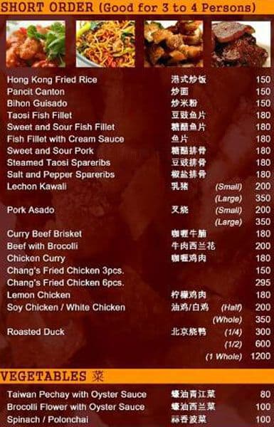 Menu at Chef Chang's Dimsum House restaurant, Cebu City