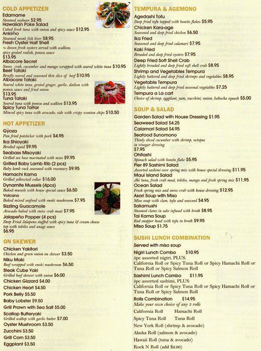 Menu at Pier 98 restaurant, Newark