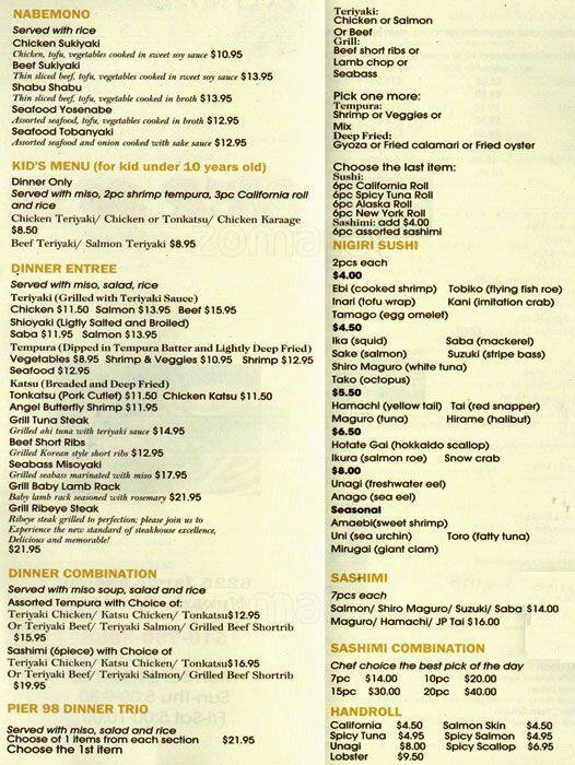 Menu at Pier 98 restaurant, Newark