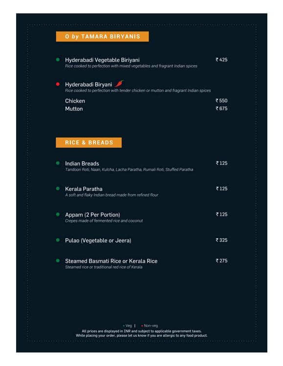Menu at O by Tamara Trivandrum, Thiruvananthapuram, O by Tamara