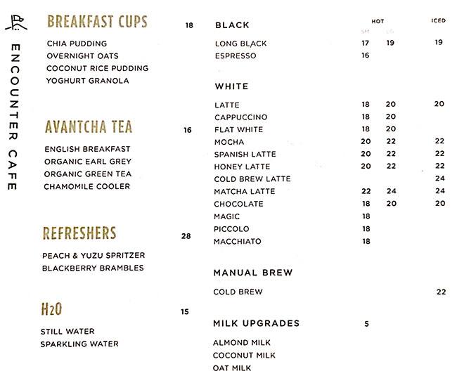 Menu of Encounter, Trade Centre Area, Dubai