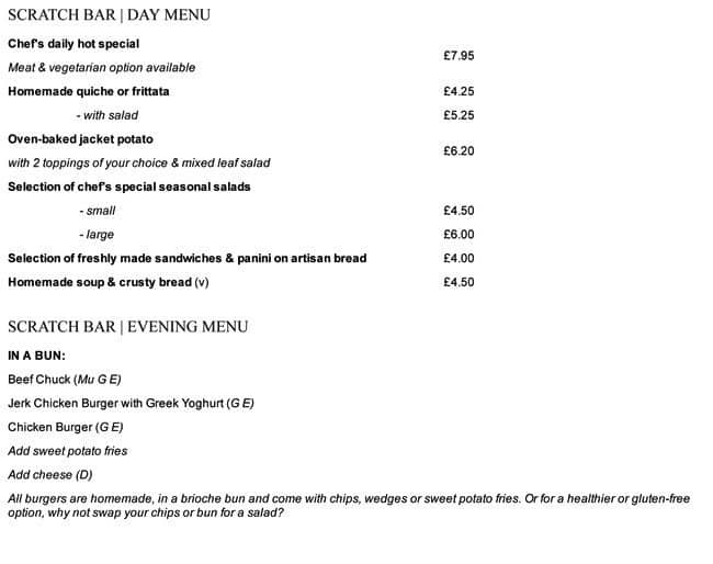 Menu at Scratch Bar, London, Battersea Arts Centre