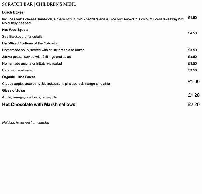 Menu at Scratch Bar, London, Battersea Arts Centre