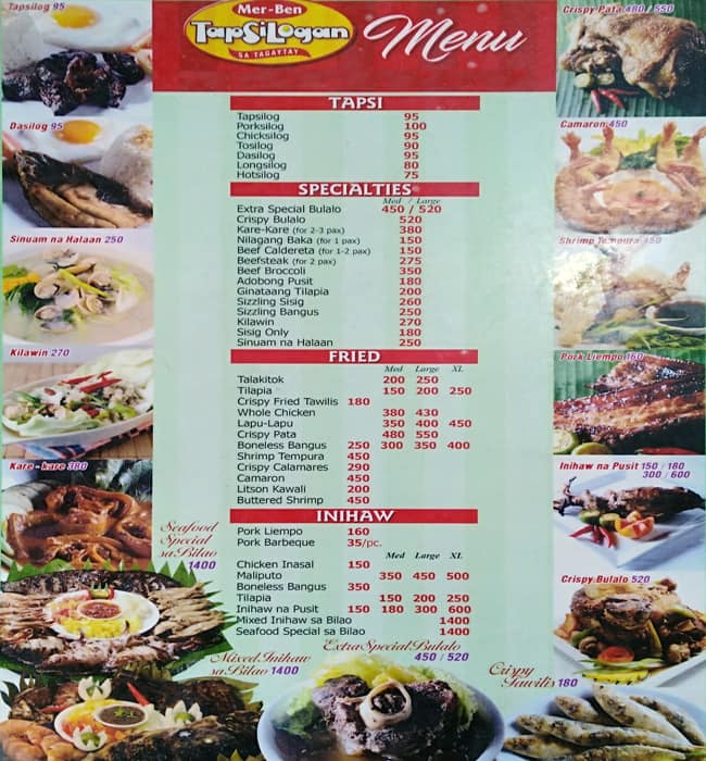 Menu at Mer-Ben Tapsilogan sa Tagaytay restaurant, Tagaytay, Aguinaldo Hwy