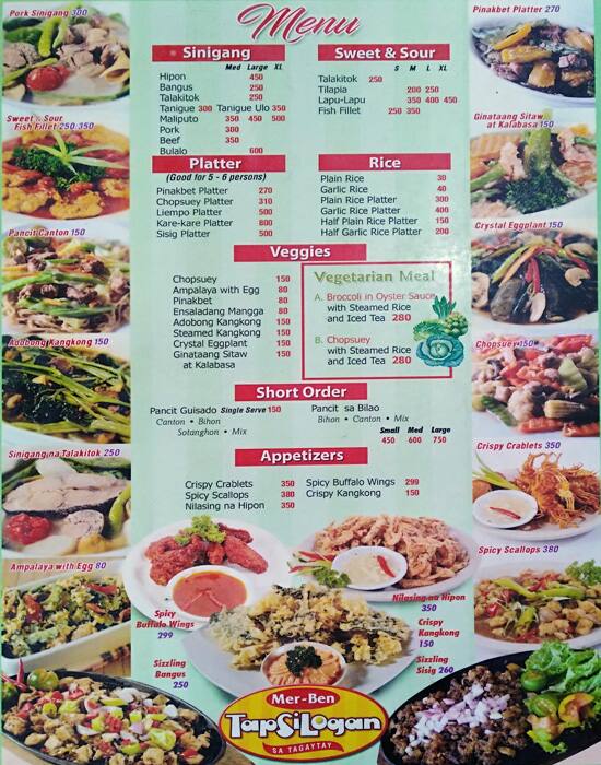 Menu at Mer-Ben Tapsilogan sa Tagaytay restaurant, Tagaytay, Aguinaldo Hwy