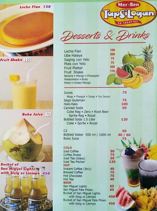 Menu at Mer-Ben Tapsilogan sa Tagaytay restaurant, Tagaytay, Aguinaldo Hwy