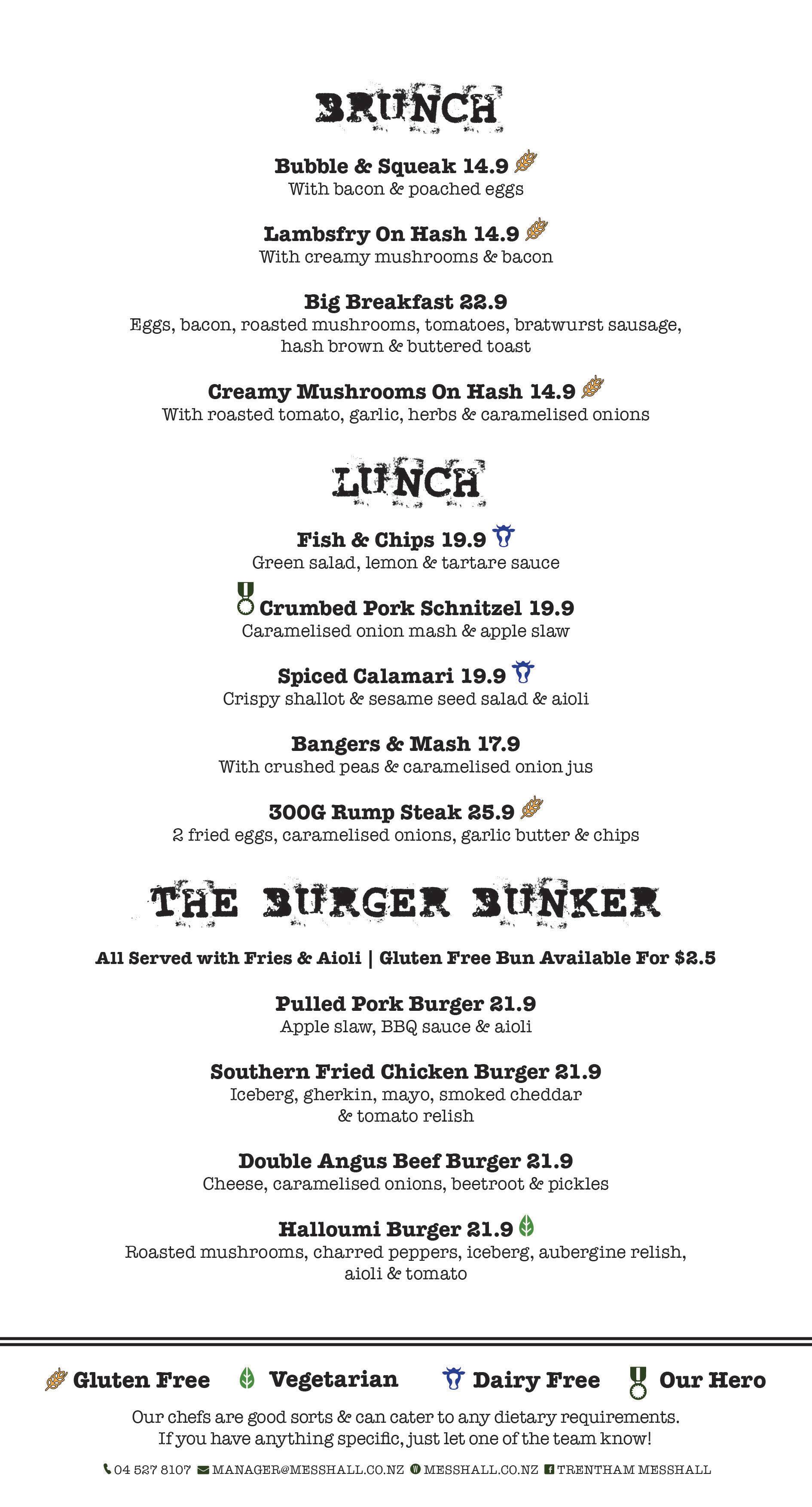 Menu at Trentham Mess Hall restaurant, Upper Hutt