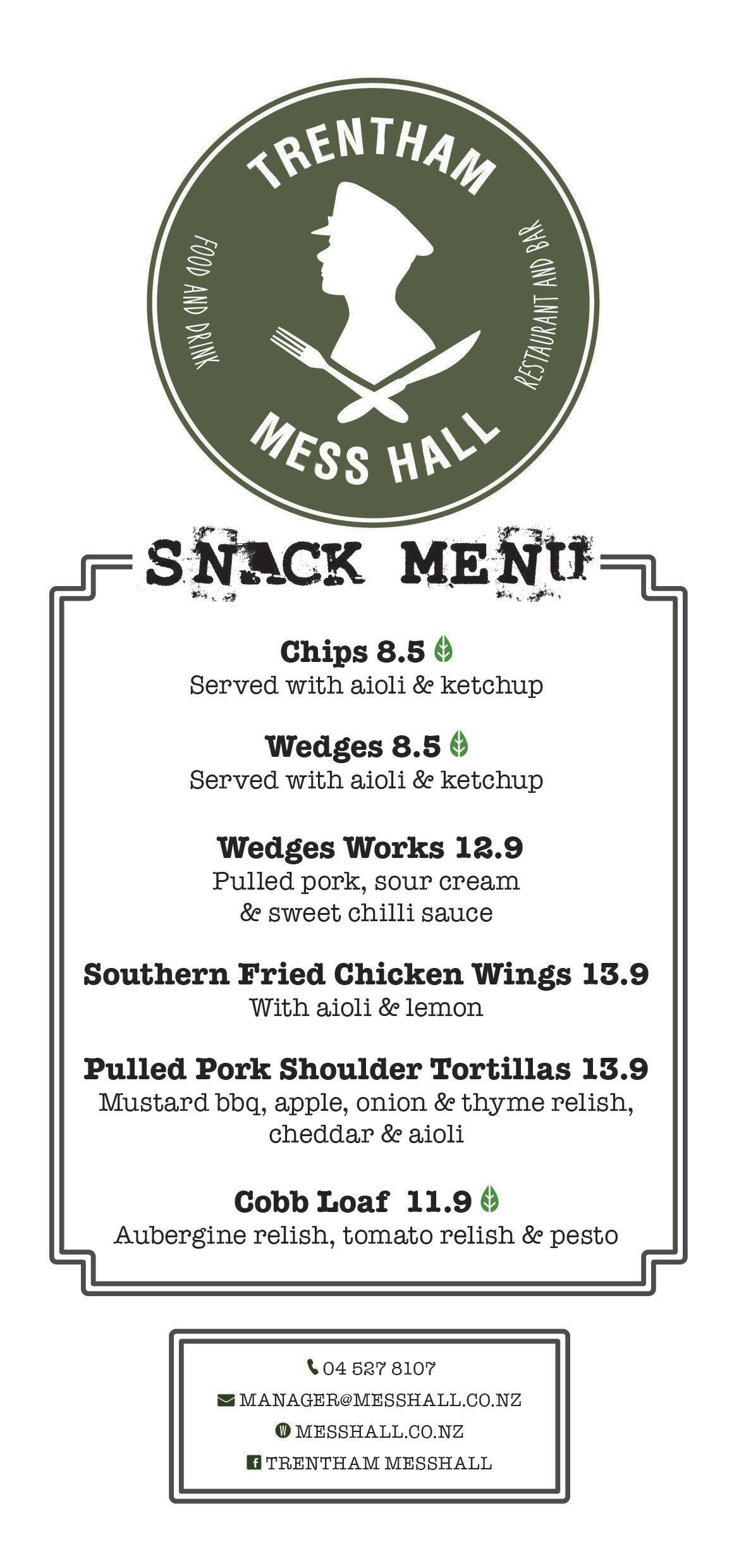 Menu at Trentham Mess Hall restaurant, Upper Hutt