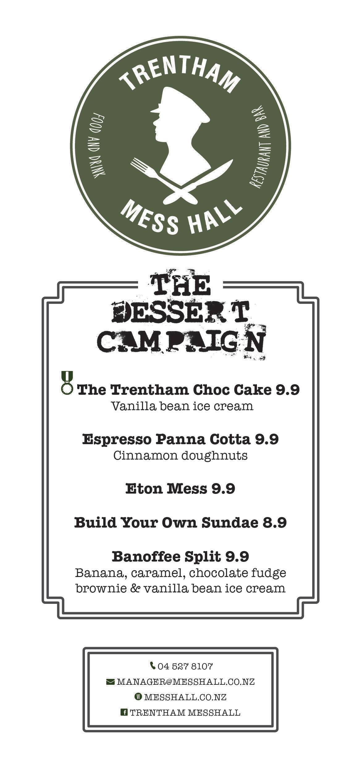 Menu at Trentham Mess Hall restaurant, Upper Hutt