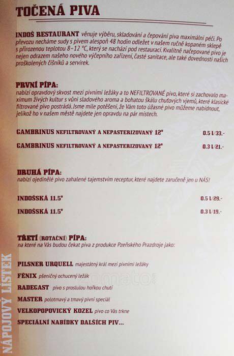 Menu at Indoš restaurant, Brno