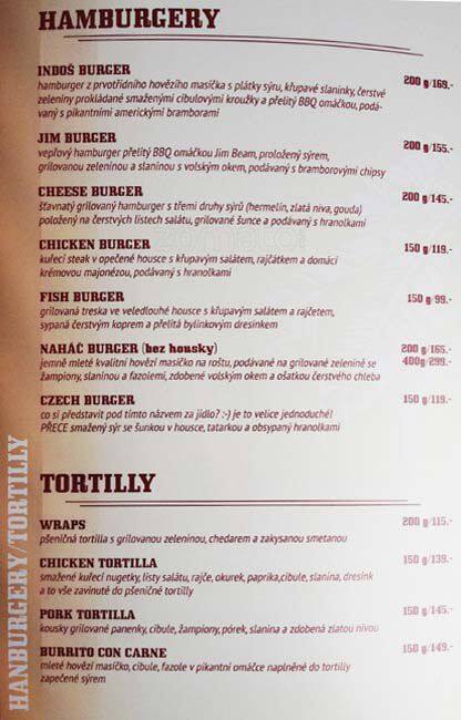 Menu at Indoš restaurant, Brno