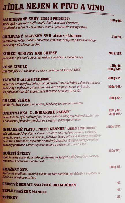 Menu at Indoš restaurant, Brno