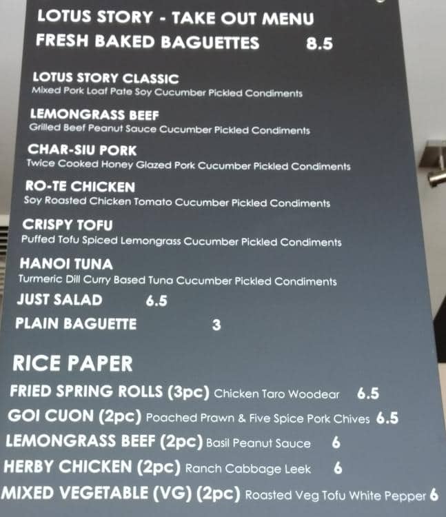 Menu at Lotus Story cafe, Sydney Olympic Park