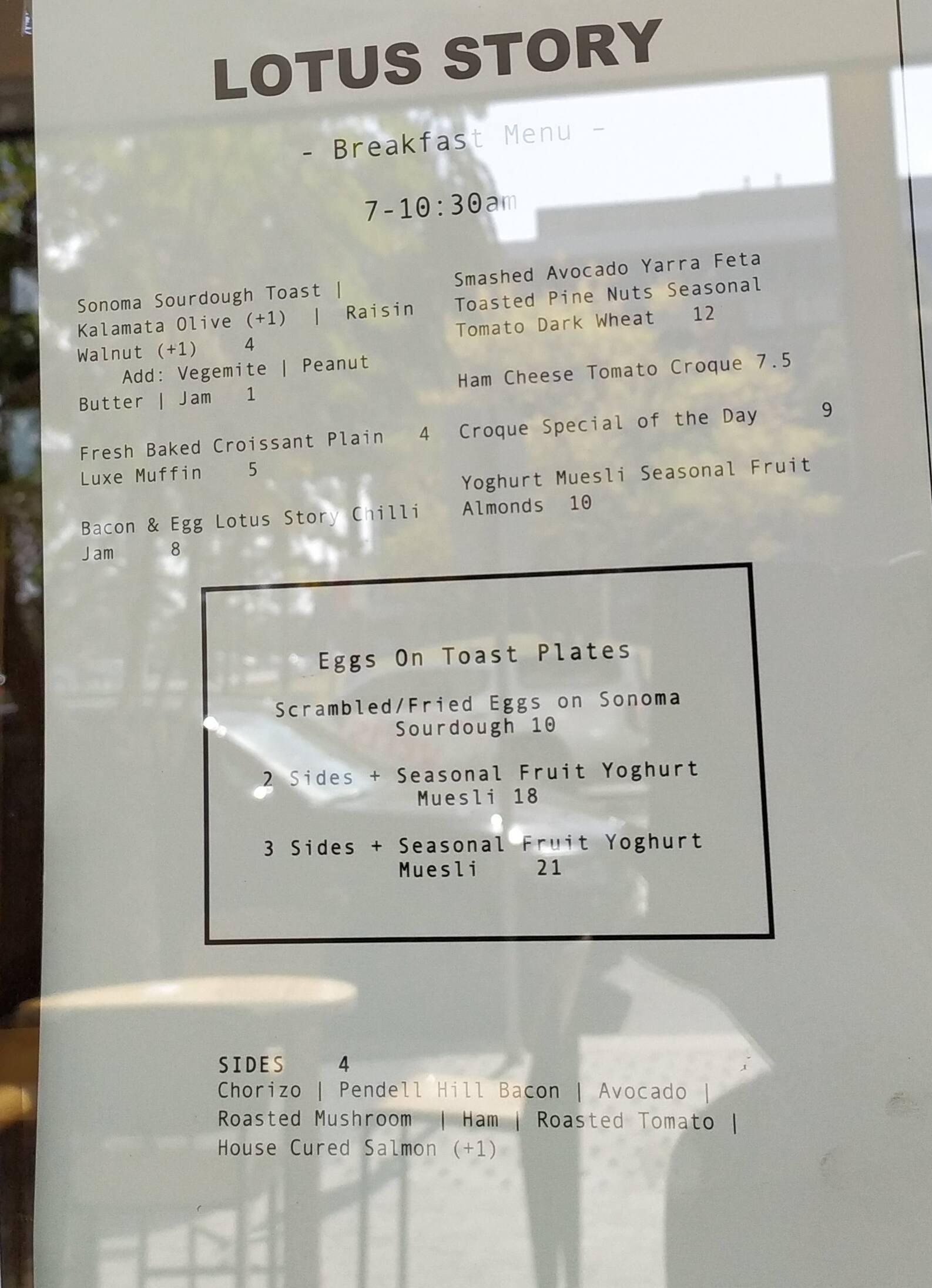 Menu at Lotus Story cafe, Sydney Olympic Park