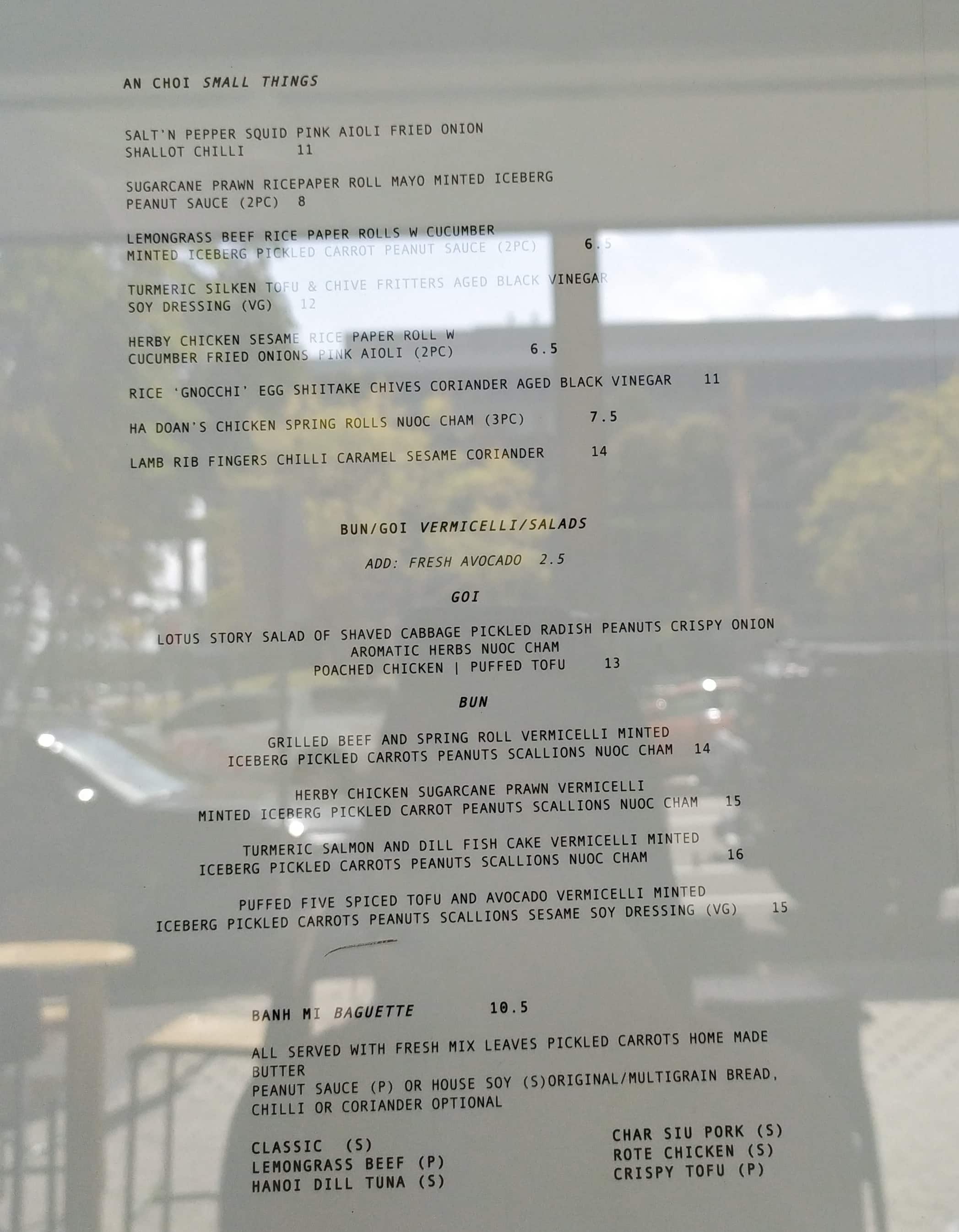 Menu at Lotus Story cafe, Sydney Olympic Park