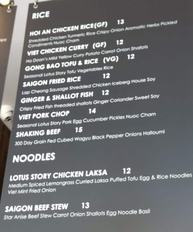 Menu at Lotus Story cafe, Sydney Olympic Park