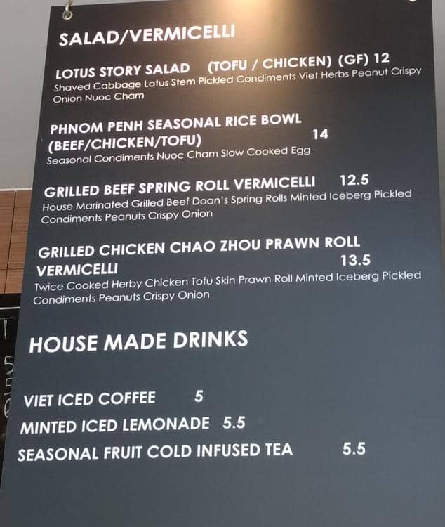 Menu at Lotus Story cafe, Sydney Olympic Park