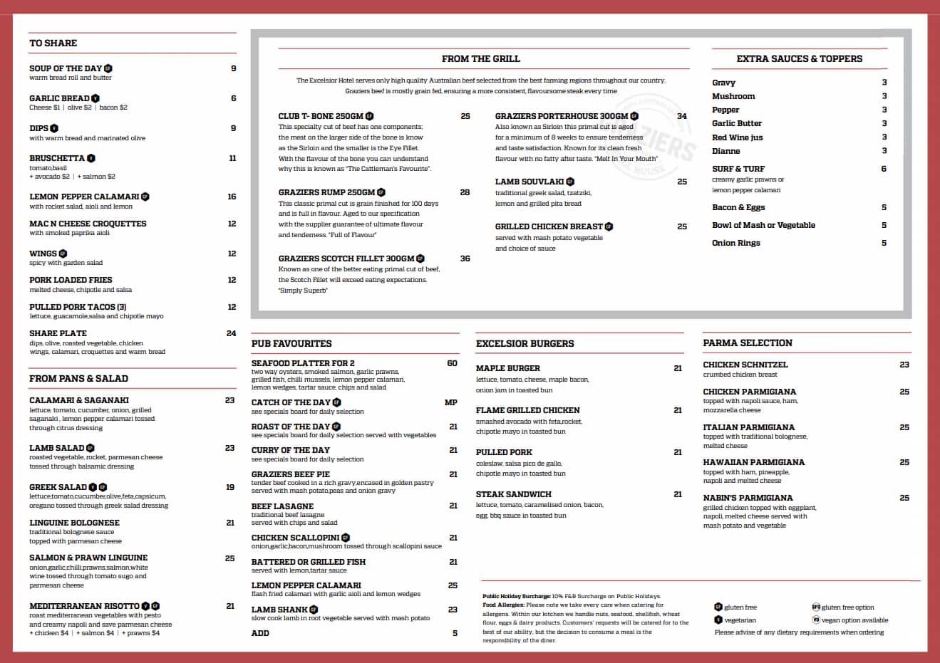 Menu at Excelsior Hotel pub & bar, Thomastown