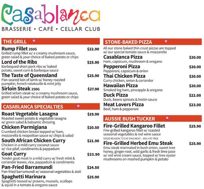 Menu at Casablanca Brasserie Bar Cafe, Brisbane City