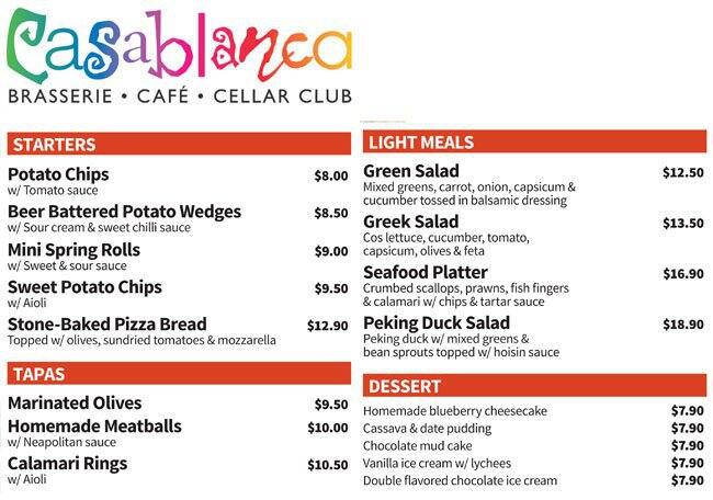 Menu at Casablanca Brasserie Bar Cafe, Brisbane City