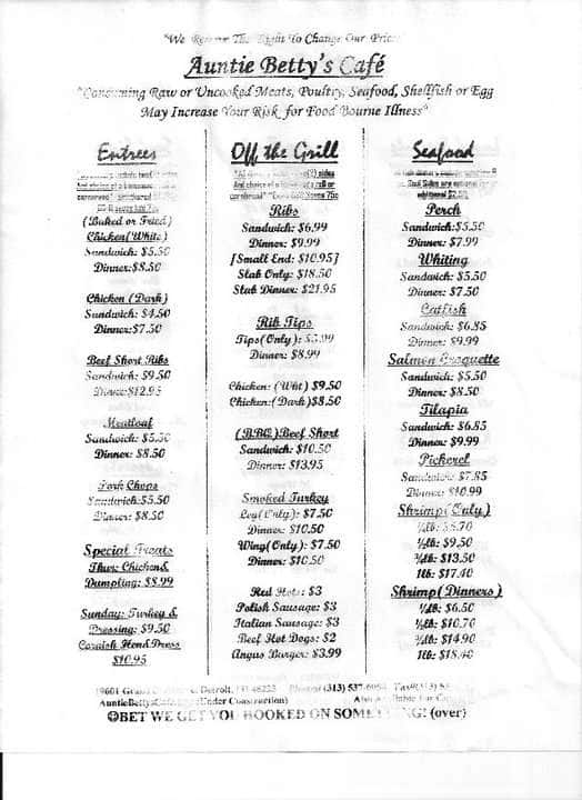 Menu at Auntie Betty's Cafe, Detroit