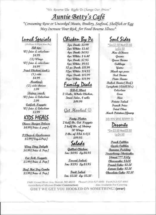 Menu at Auntie Betty's Cafe, Detroit