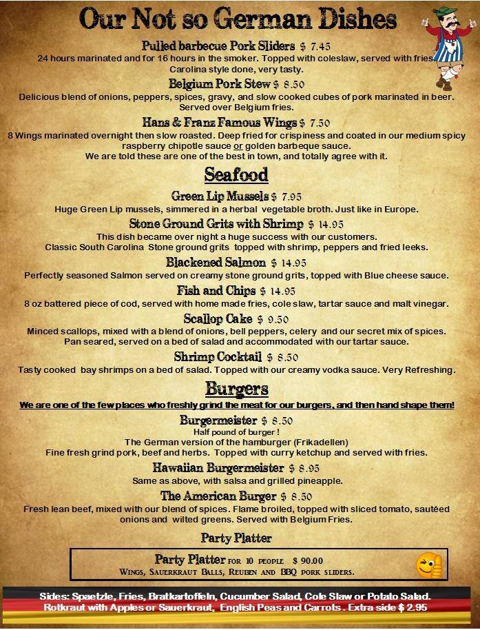Menu at Hans & Franz Biergarten pub & bar, Five Forks