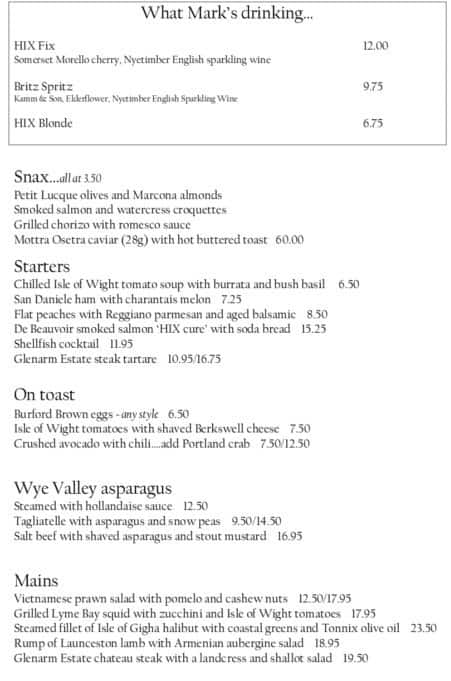 Menu at Mark's Restaurant, London