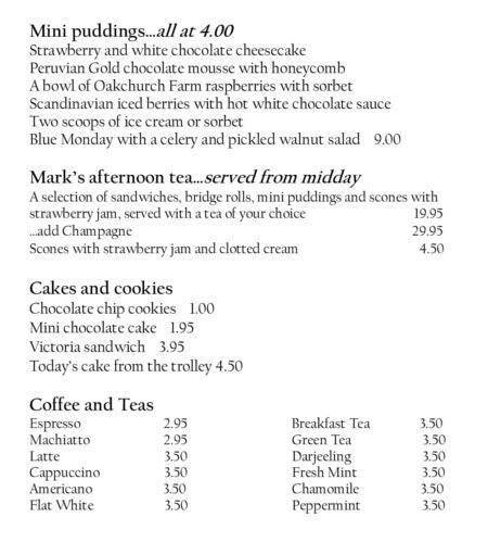 Menu at Mark's Restaurant, London