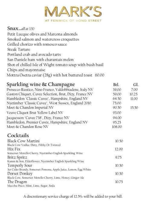 Menu at Mark's Restaurant, London