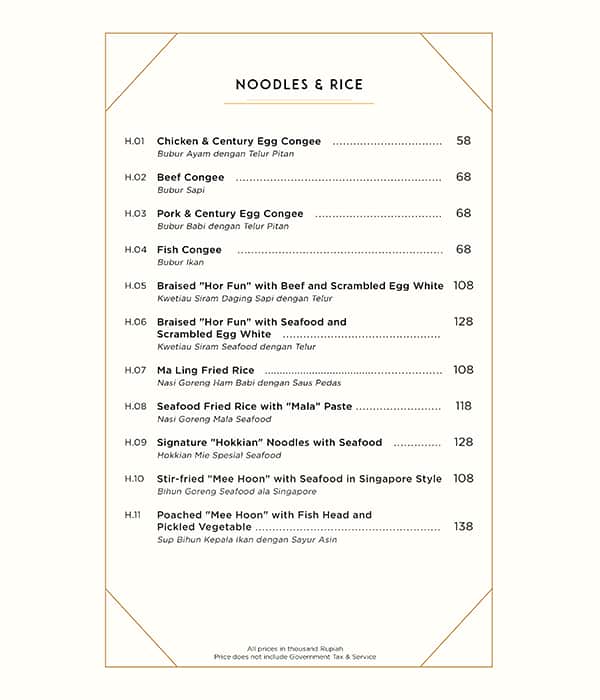 Menu at Club Raia, Jakarta