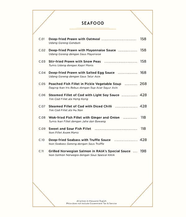 Menu at Club Raia, Jakarta
