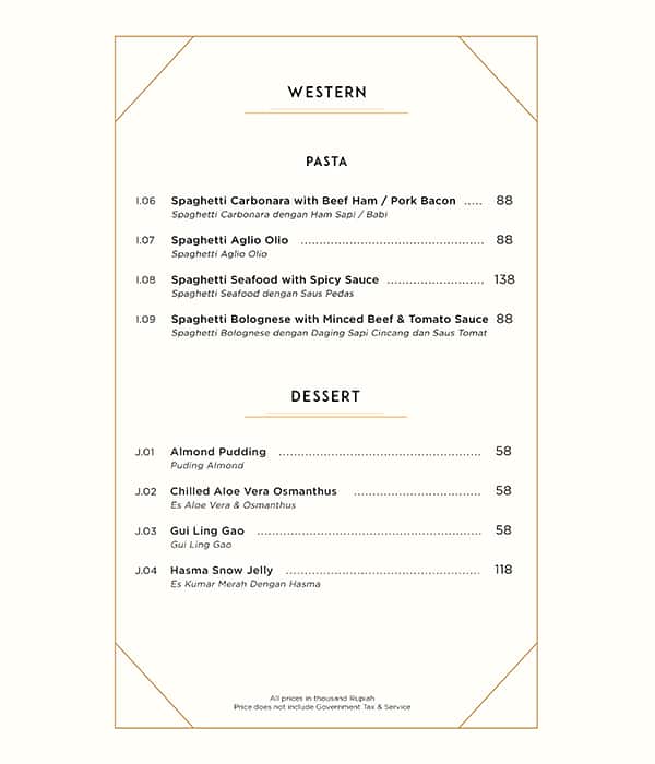 Menu at Club Raia, Jakarta