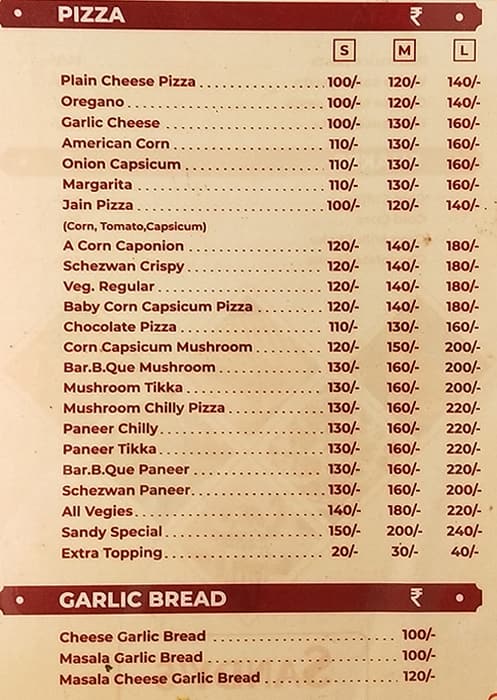Menu of Sandy’s Chaat, Sandwich, Pizza & More, Vile Parle East, Mumbai