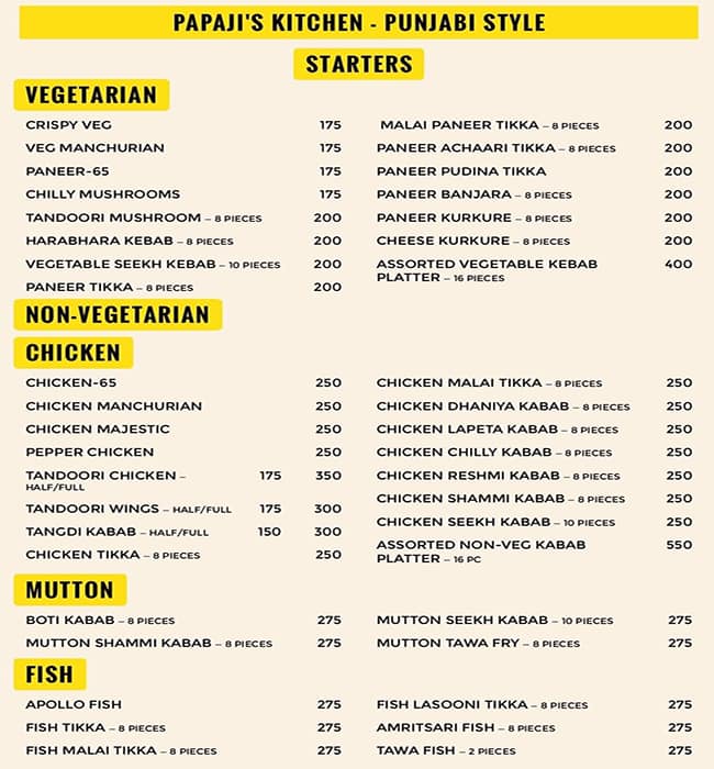 Menu of Papaji's Kitchen, Amberpet, Hyderabad