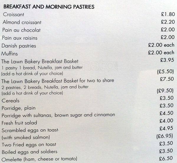 Menu at The Lawn Bakery, London