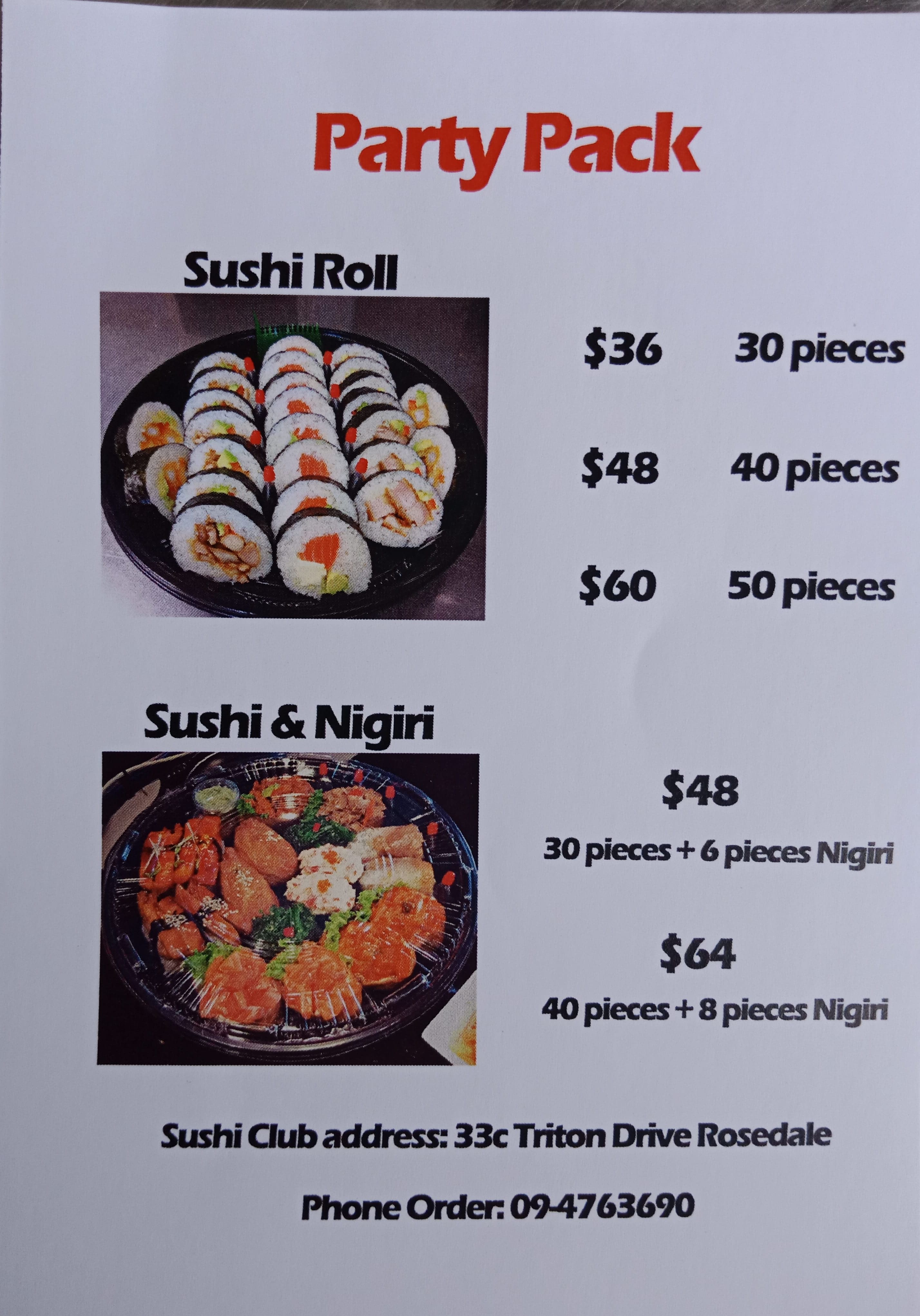Menu at Sushi Club, Auckland, 33C Triton Dr