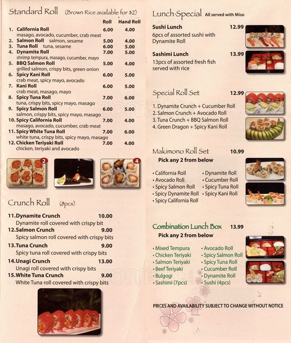 Menu au Sachi Sushi restaurant, Oakville