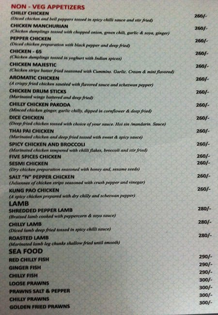 Menu at Pebbles, Hyderabad, 53 Shri Nagar Colony Road