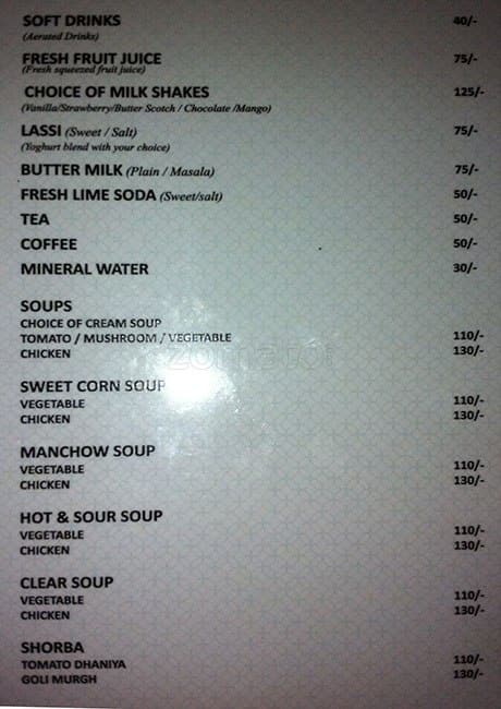 Menu at Pebbles, Hyderabad, 53 Shri Nagar Colony Road