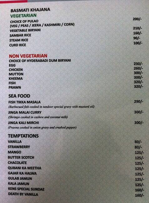 Menu at Pebbles, Hyderabad, 53 Shri Nagar Colony Road