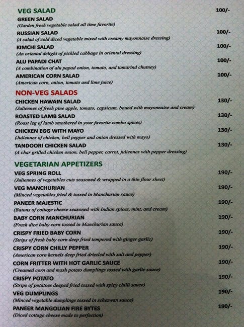 Menu at Pebbles, Hyderabad, 53 Shri Nagar Colony Road